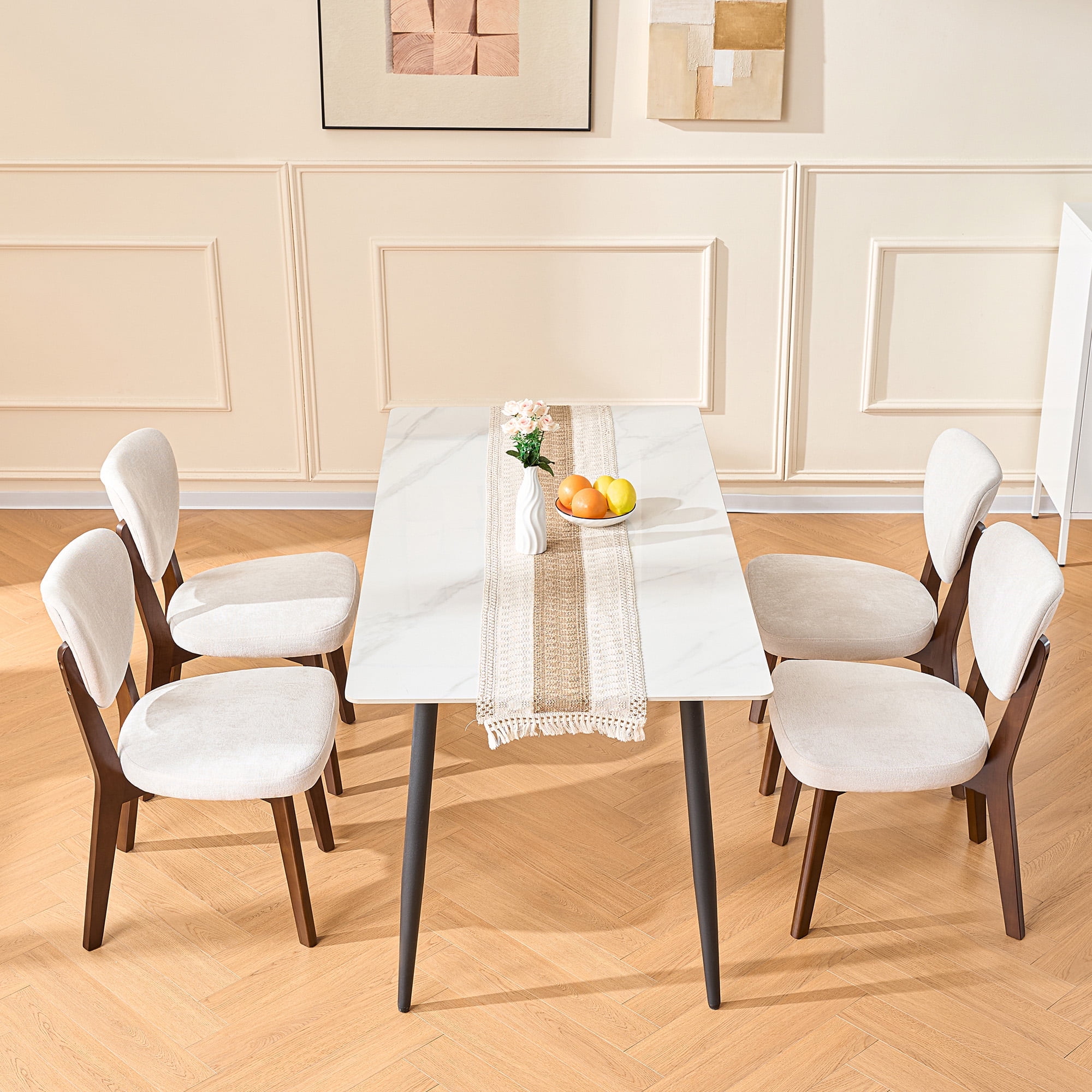 Primy Wooden Dining Chairs, Mid-Century Modern Fabric Upholstered ...