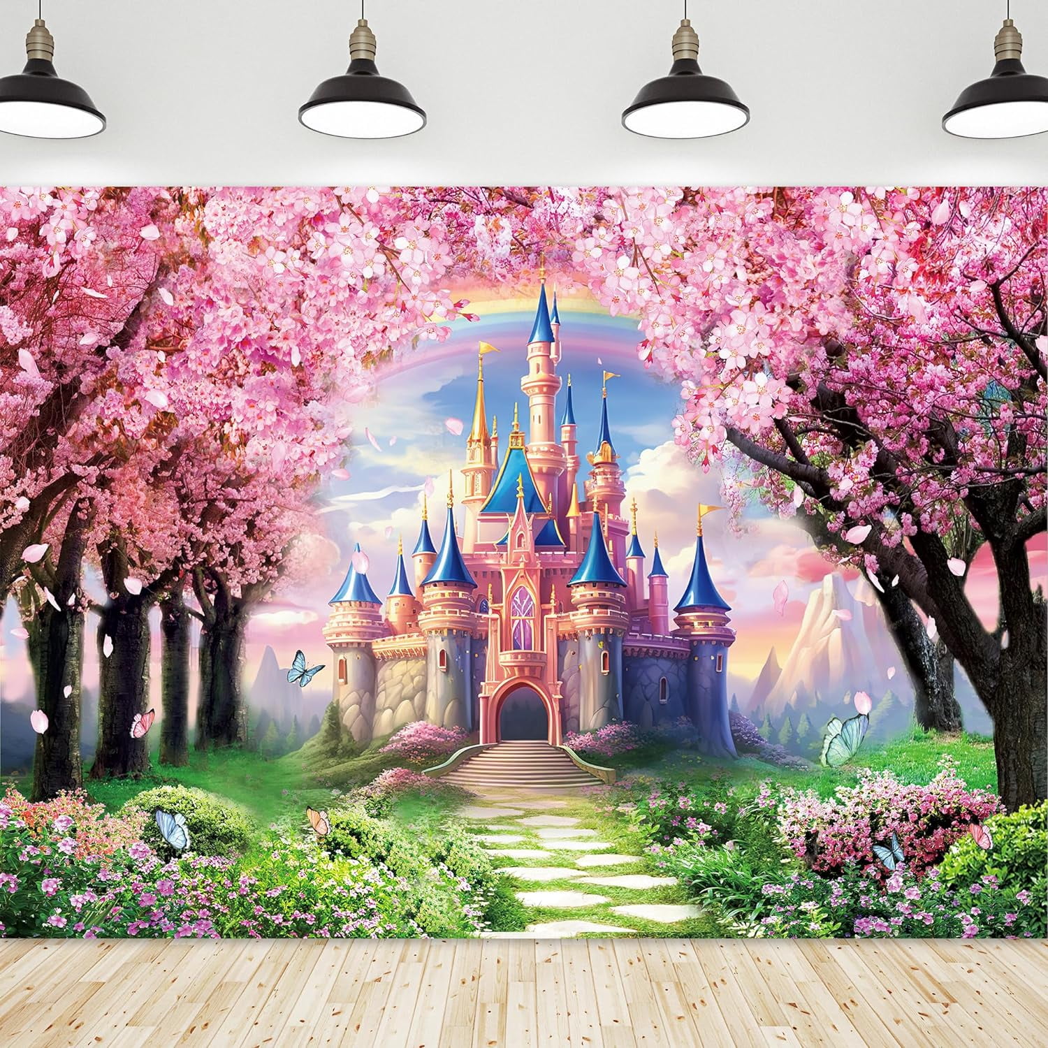 Prin-cess Castle Backdrop Polyester Fabric Pink Sakura Rainbow Flowers Floral Fantasy Fairy Tale ...