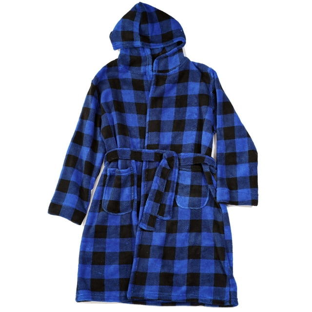 Prince of Sleep Boys' Fleece Solid Bathrobe, Blue Buffalo Plaid, Kids ...