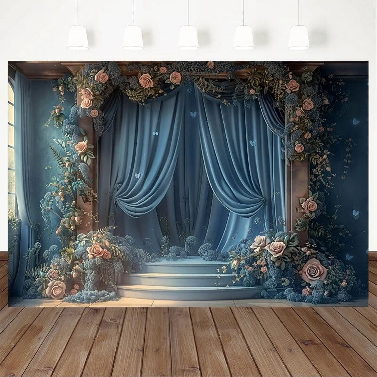 Princess Bedroom Curtain Backdrop Photograph Spring Blue Flower ...