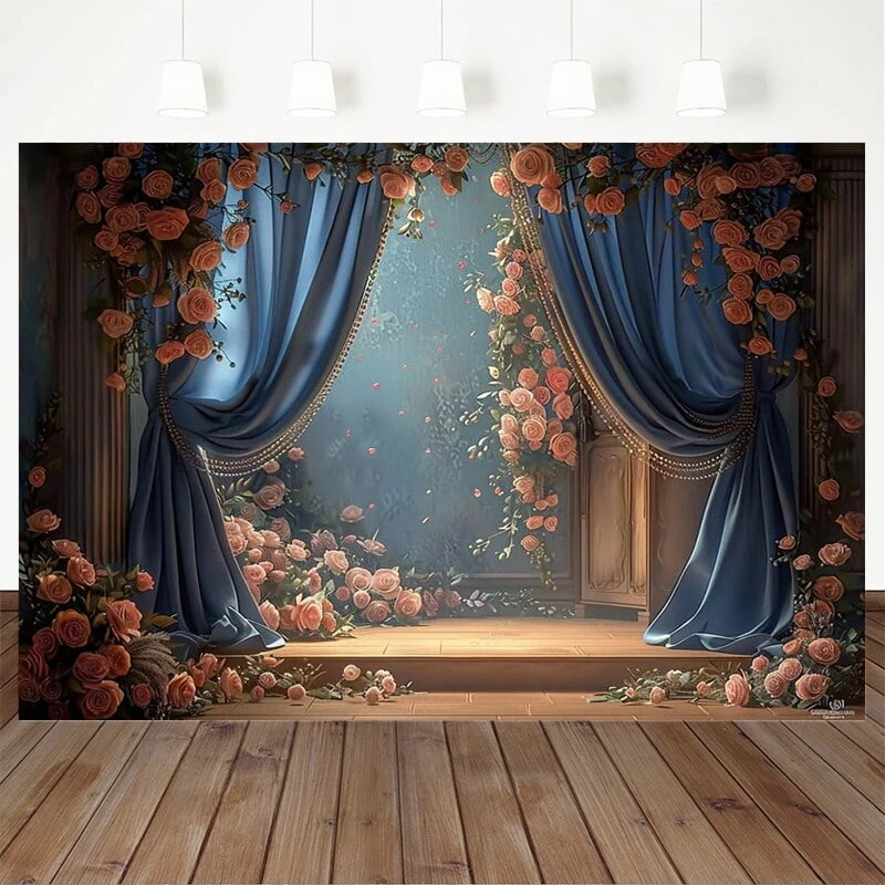 Princess Bedroom Curtain Backdrop Photograph Spring Blue Flower ...