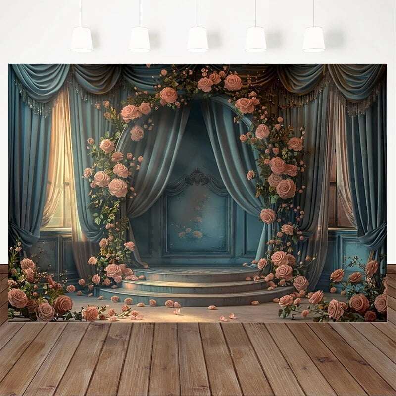 Princess Bedroom Curtain Backdrop Photograph Spring Blue Flower ...