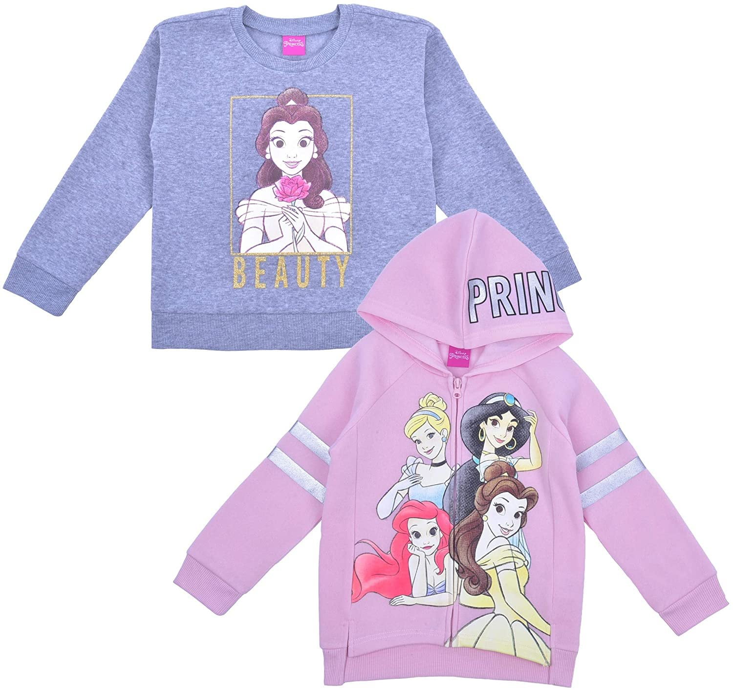 Princess Belle, Cinderella and Ariel Girls 2 Pack Hoodie and Crewneck ...