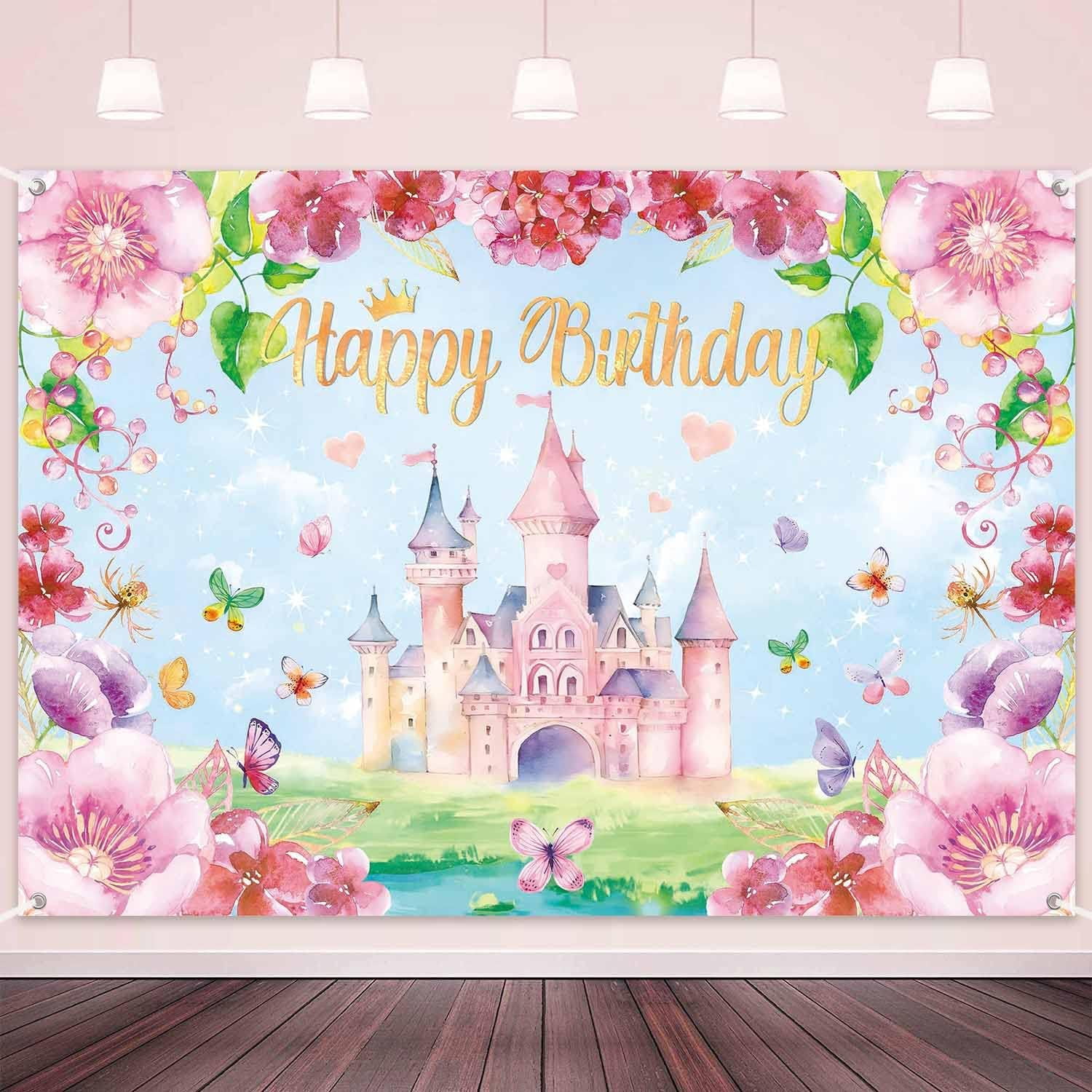 Princess Birthday Backdrop for Girls Pink Princess Castle Happy ...