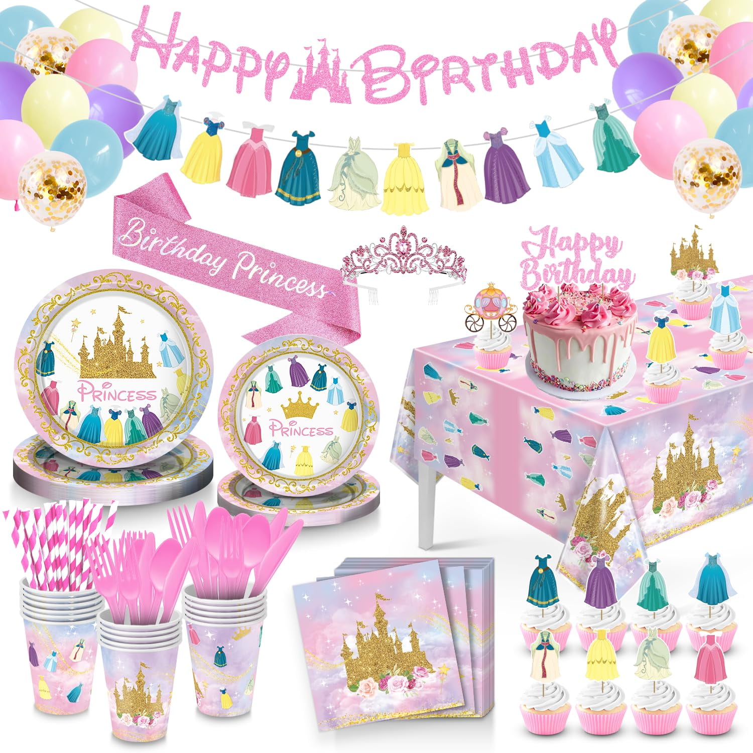 Princess Birthday Party Decorations, 166Pcs Princess Party Girls Set ...