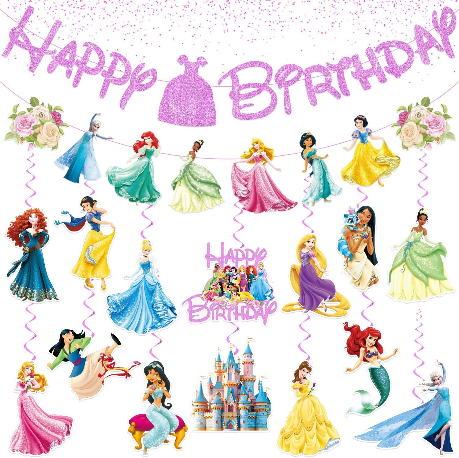 Princess Birthday Party Decorations Include 1pc Glitter Happy Birthday ...