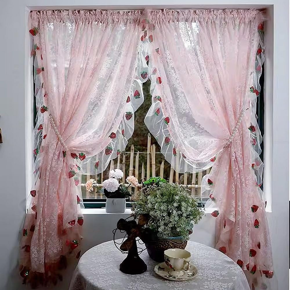 Princess Blush Pink Floral Knitted Lace Curtain with Shiny Strawberry ...