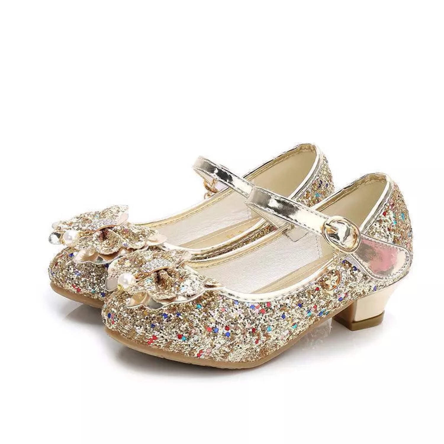 Princess Butterfly Leather Shoes Kids Diamond Bowknot High Heel Children Girl Dance Glitter ...