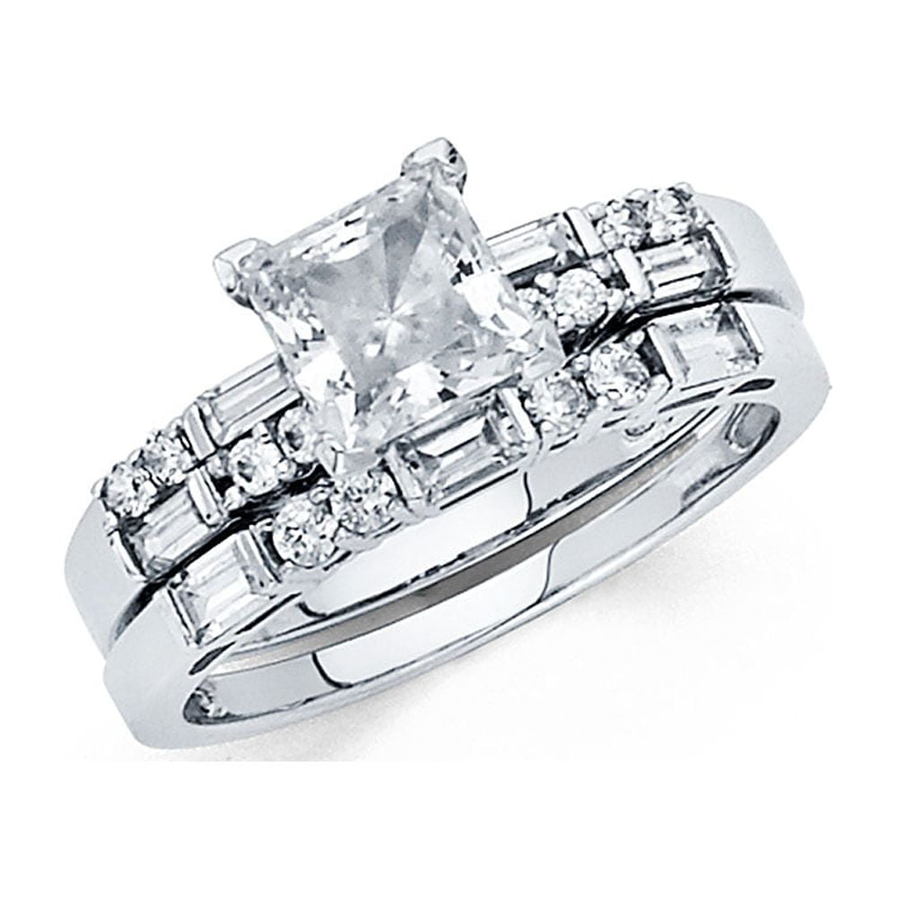Princess CZ Solitaire Engagement Ring & Wedding Band 14k White Gold ...