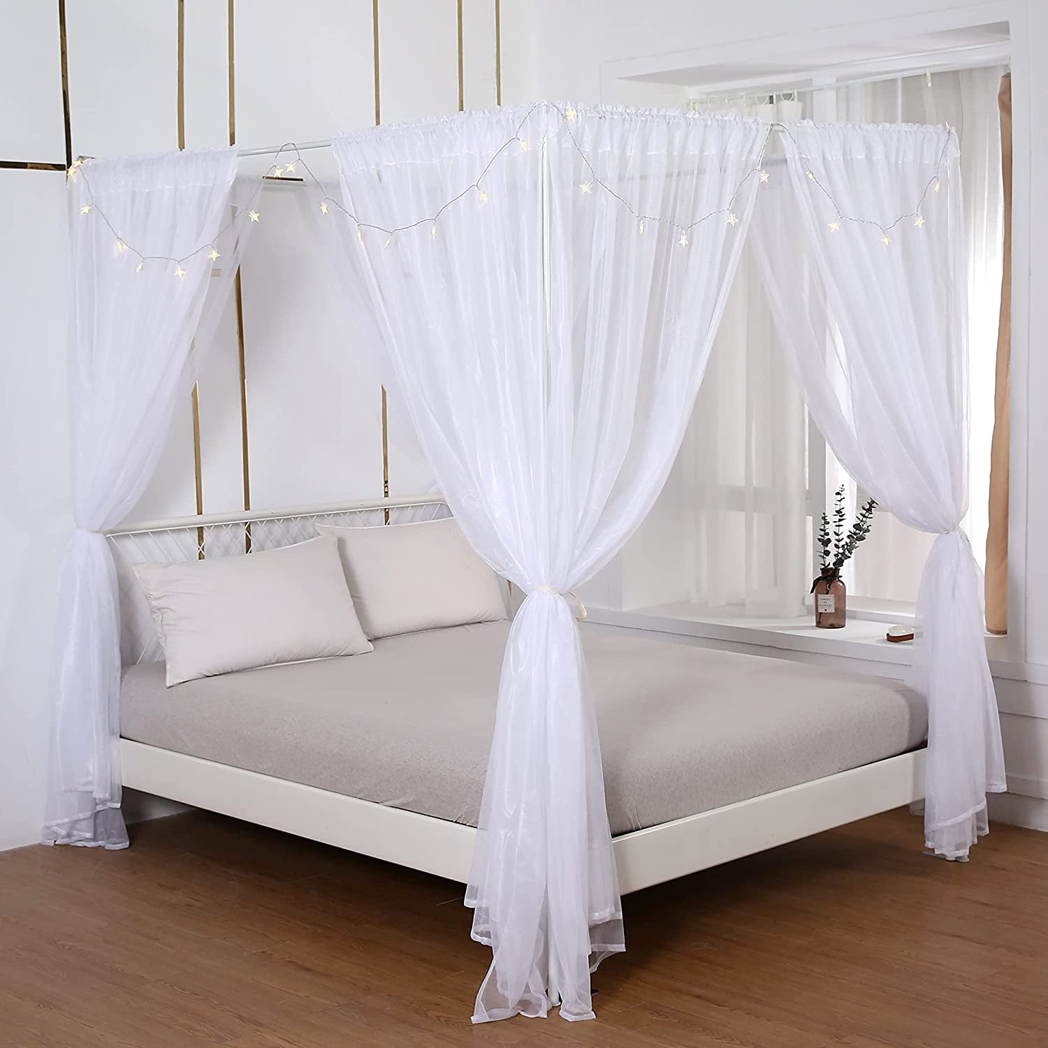 Princess Canopy Bed Curtains Set with Star Light Sheer Curtain for King ...