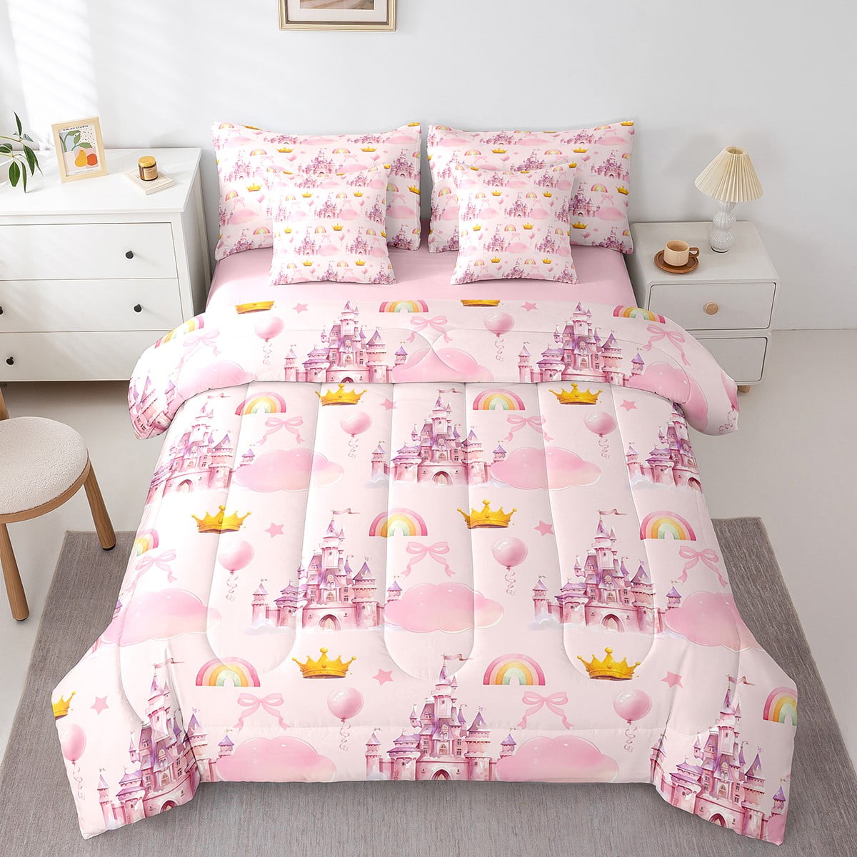 Princess Castle Comforter Set,Girly Bowknot Crown 7 Piece Bed Set King ...