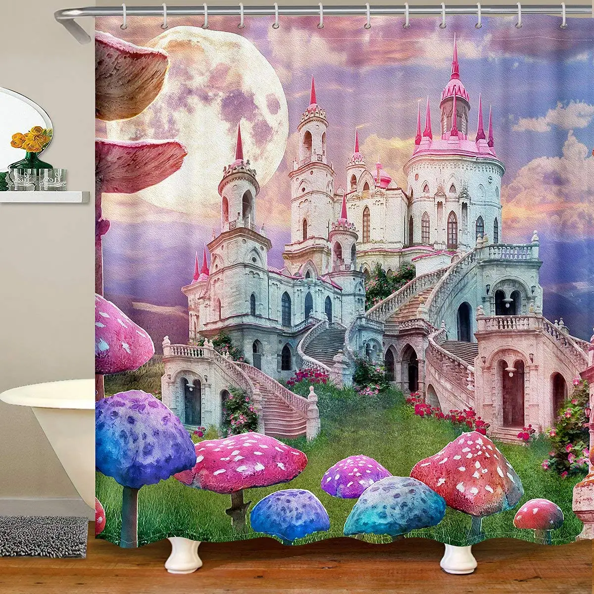 Princess Castle Dotted Shower Curtain Waterproof Girl Bathtub Stalls ...