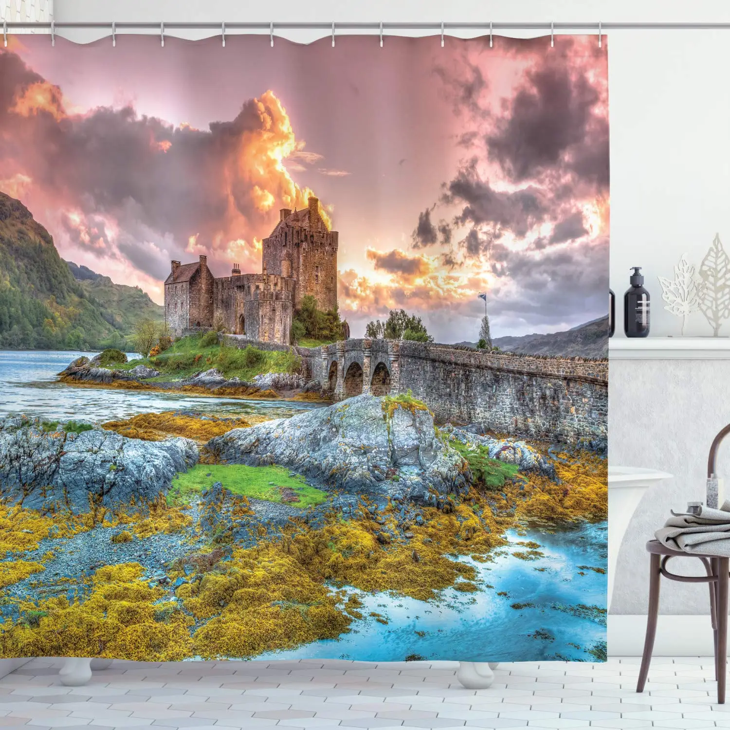 Princess Castle Dotted Shower Curtain Waterproof Girl Bathtub Stalls ...