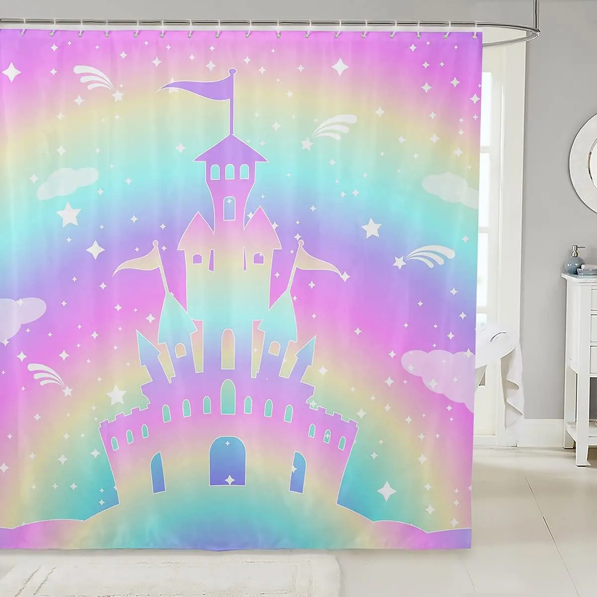 Princess Castle Dotted Shower Curtain Waterproof Girl Bathtub Stalls ...