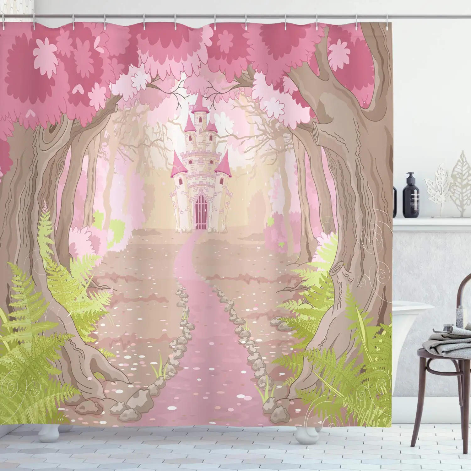 Princess Castle Dotted Shower Curtain Waterproof Girl Bathtub Stalls ...