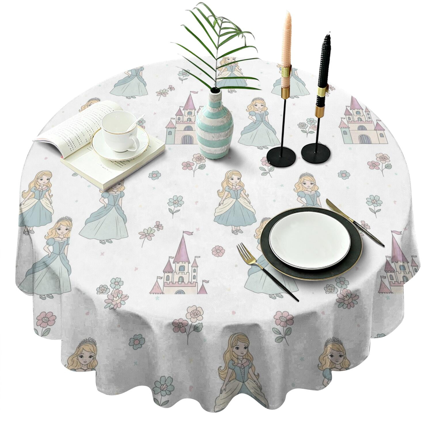Princess Castle Flower Pattern Round Tablecloth 60"x60",Wrinkle ...