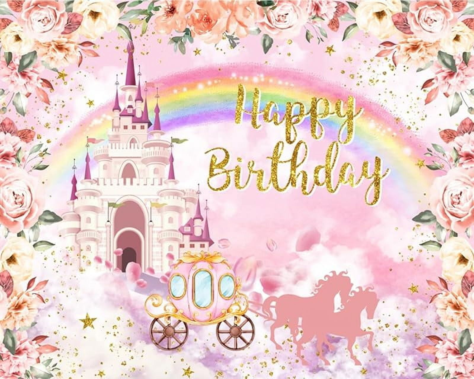 Princess Castle Happy Birthday Backdrop, Royal Carriage Pink Rose ...