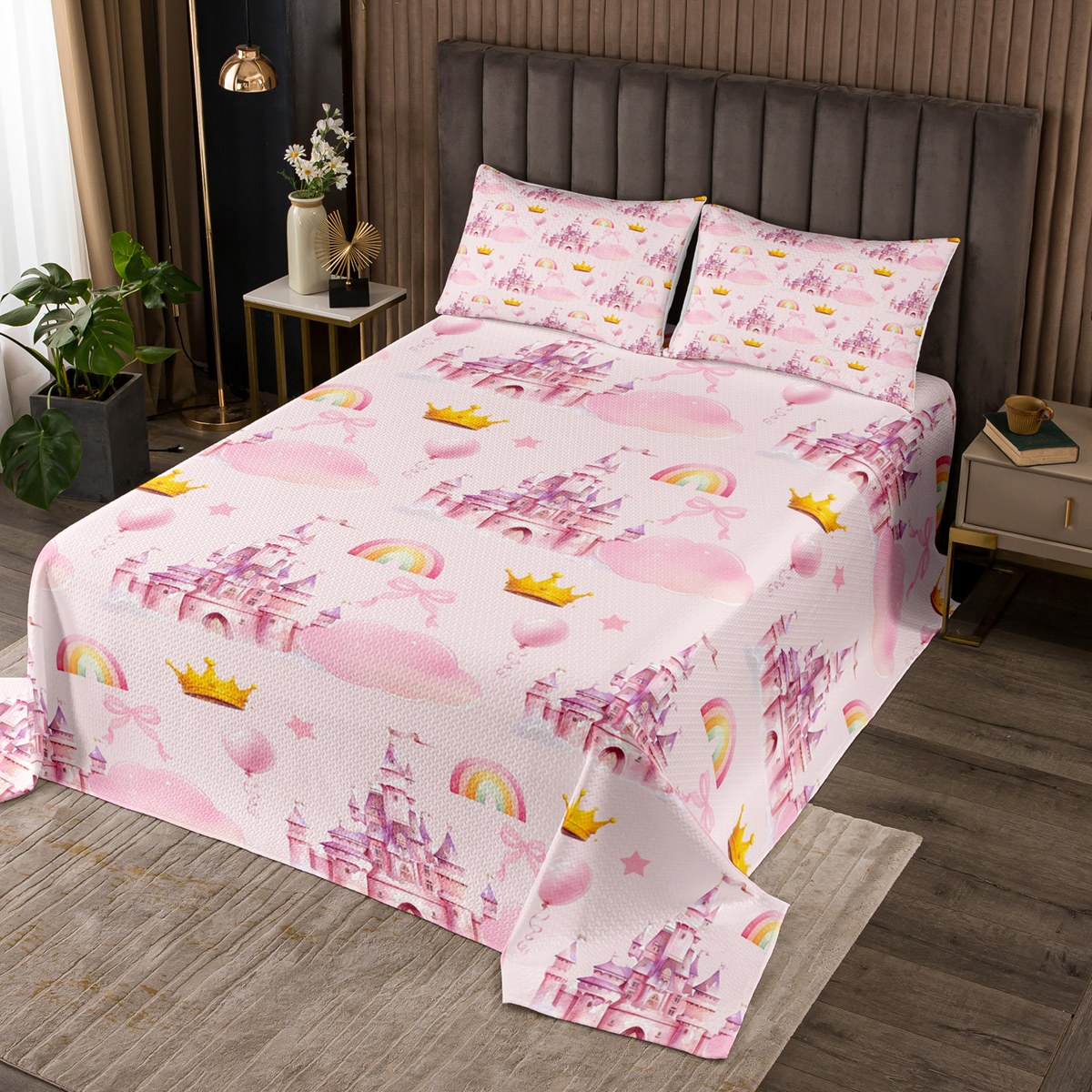 Princess Castle Quilted Coverlet Girly Bowknot Crown Bedspread King ...
