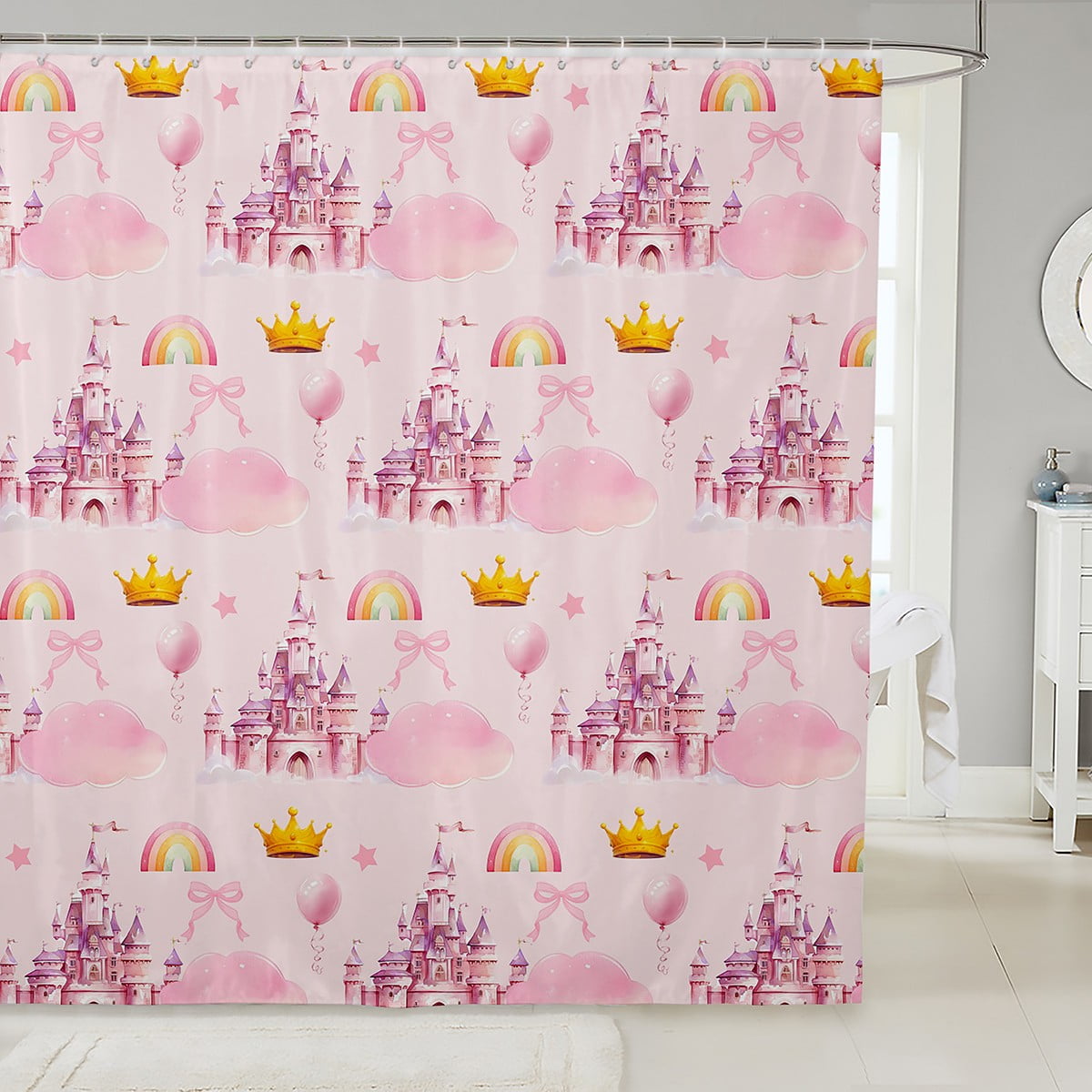 Princess Castle Shower Curtain Girly Bowknot Crown Bathroom Shower ...