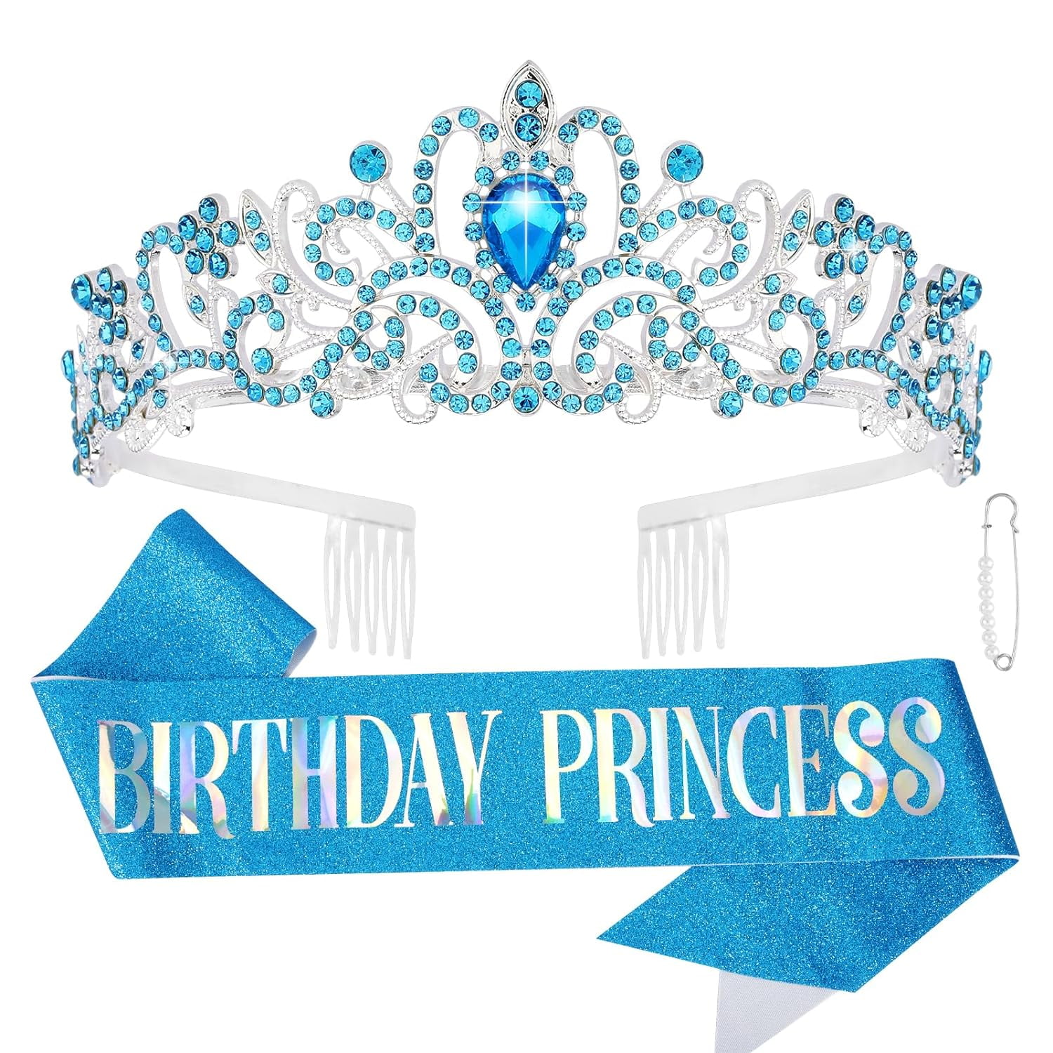 Princess Crown and Sash Set, Blue Birthday Crown and Tiara for Girls ...