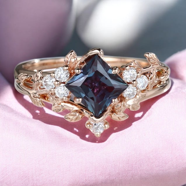 Princess Cut Alexandrite Engagement Ring Set 14K Rose Gold Plated Open ...