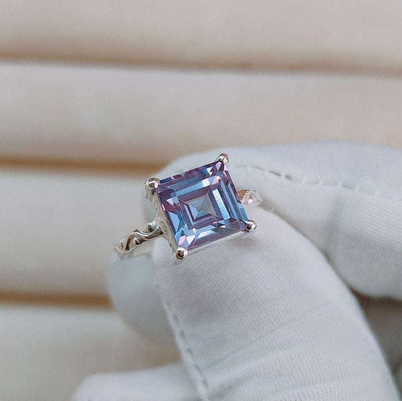 Princess Cut Alexandrite Ring Solitaire Wedding Ring 925 Sterling ...