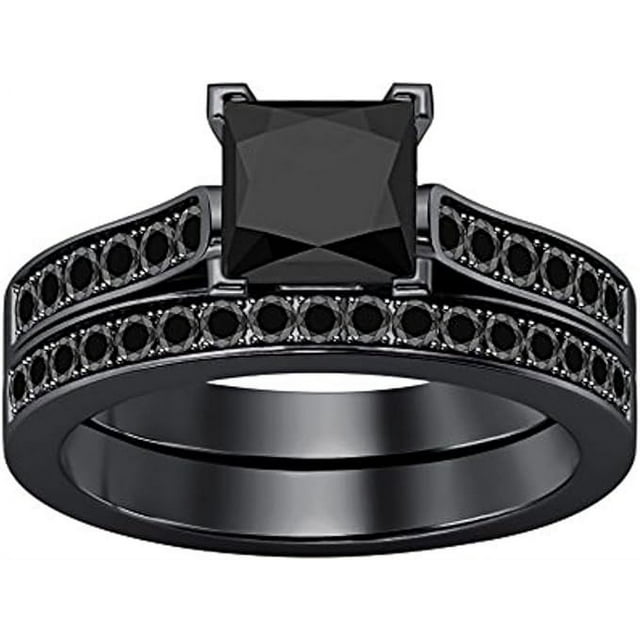 Princess Cut Black Diamond Halo Matching Engagement Wedding Band Set ... Princess Cut Black Diamond Halo Matching Engagement Wedding Band Set ...