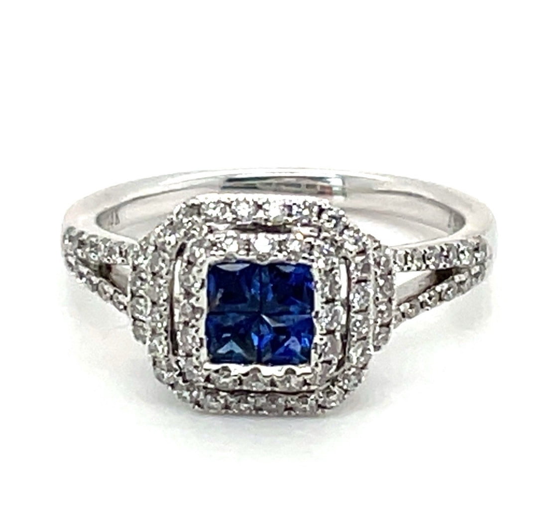 Princess Cut Blue Sapphire Channel Set Diamond Wedding Ring, Double ...