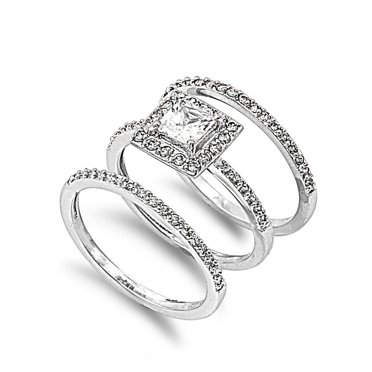 Princess Cut Center with Round Stones Cubic Zirconia Wedding Set Ring Sterling Silver 925 ...
