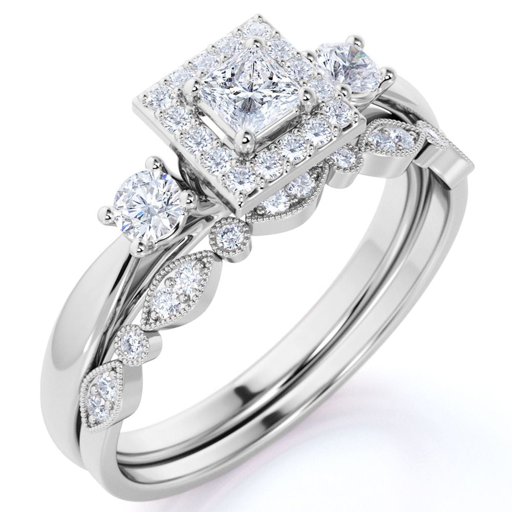 Princess Cut 3 Stone Halo Engagement Rings