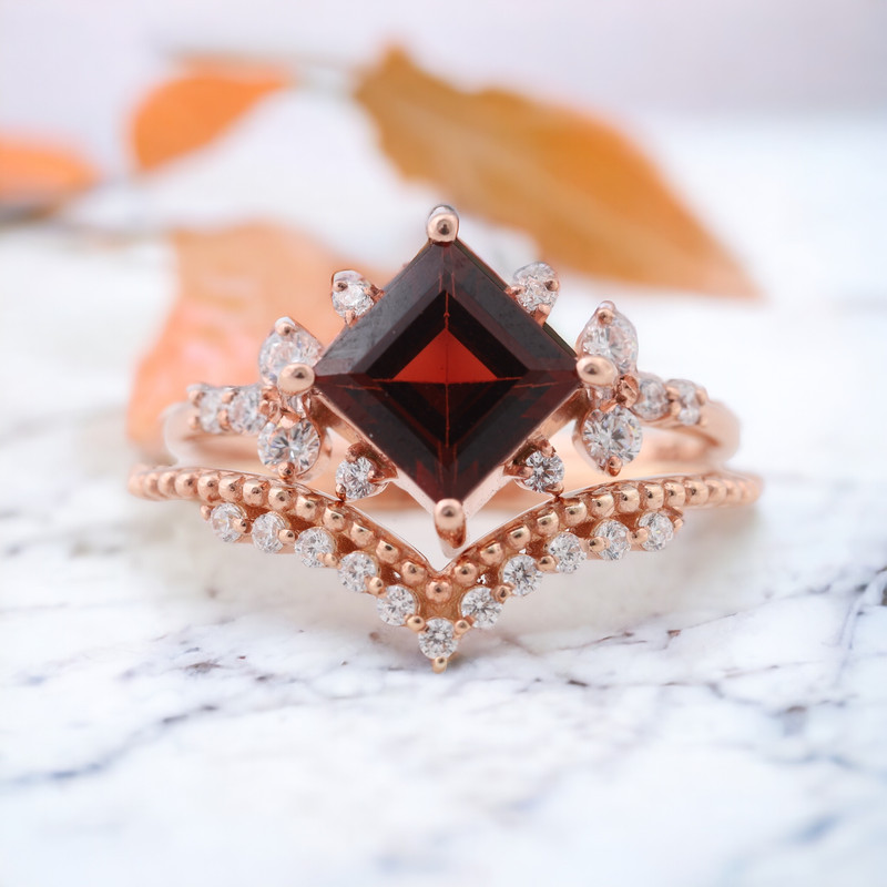 Princess Cut Garnet Engagement Ring Set Diamond Curved Matching Band ...