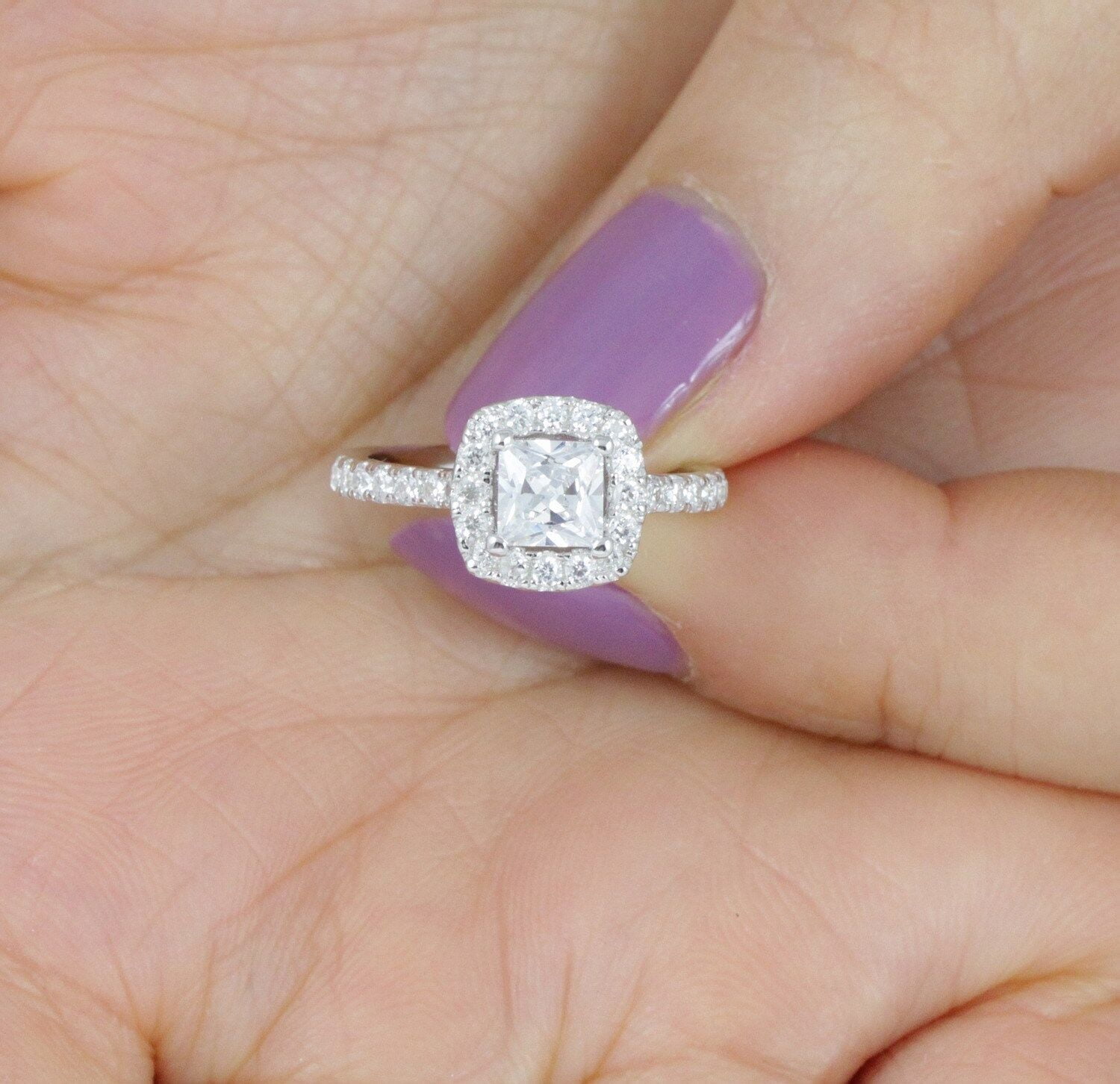 Princess Cut Halo Sterling Silver Wedding Band Engagement Ring ...