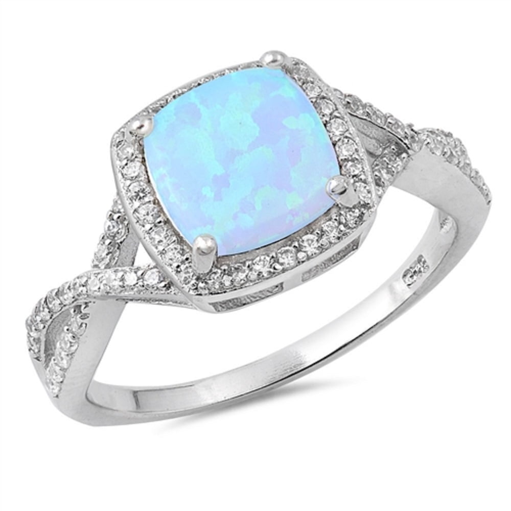 Princess Cut Light Blue Simulated Opal Center Surrounded With Small ...