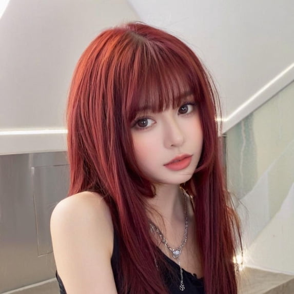 Princess Cut Medium Long Hair Wig with Air Bangs - Effortless Elegance ...