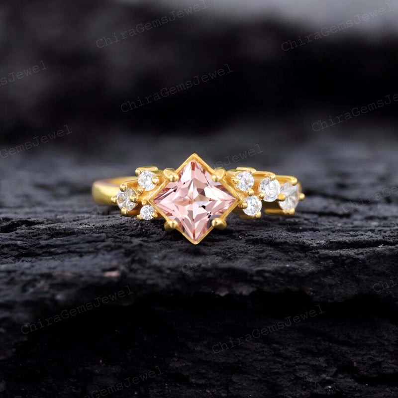 Princess Cut Morganite Engagement Ring Yellow Gold plated Diamond ...