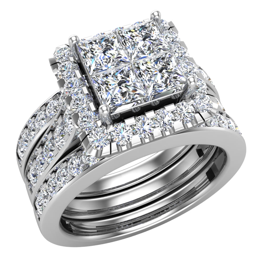 Princess Cut Quad Halo Double Band Wedding Ring Set 2.90 CTW 14K Gold ...