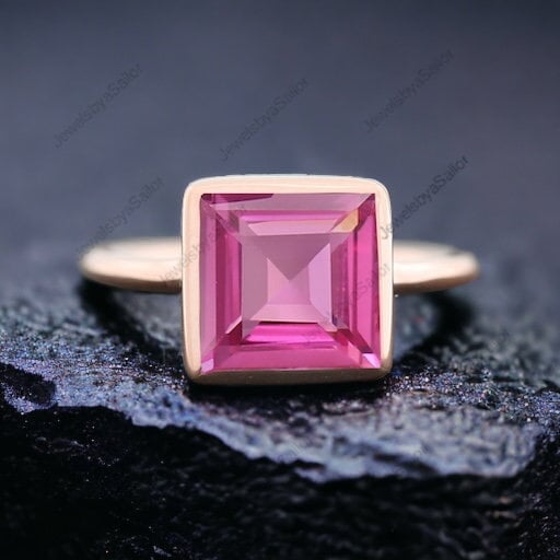 Princess Cut Ruby Bridal Crystal Ring Engagement 18k Solid Gold Ring ...