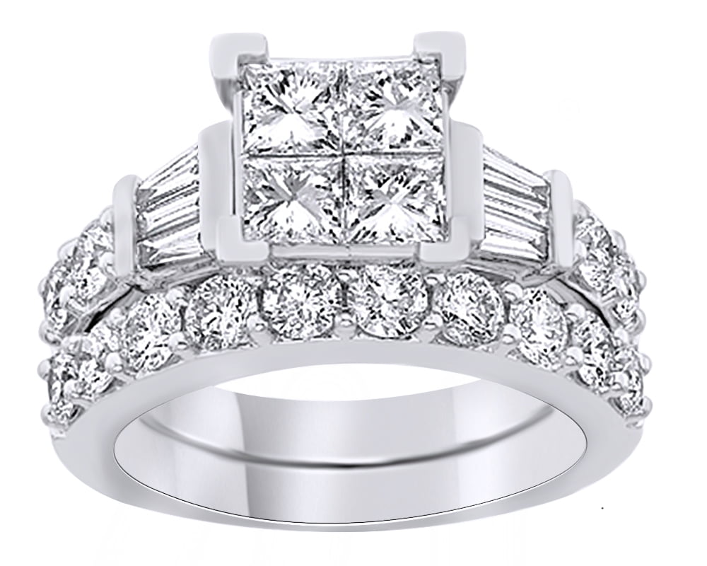 Princess Cut White Natural Diamond Engagement Square Cluster Ring Set ...
