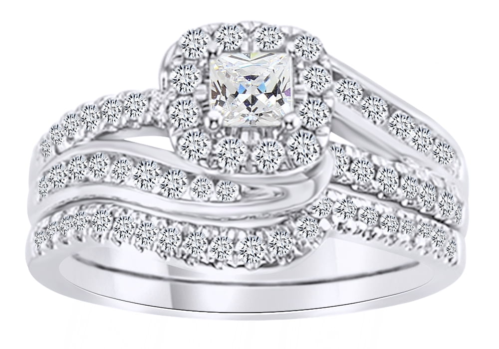 Princess Cut White Natural Diamond Halo Bypass Bridal Ring Set In 14K ...