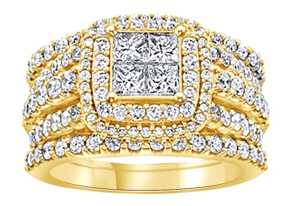 Princess Cut White Natural Diamond Square Cluster Ring Set In 14K Solid ...