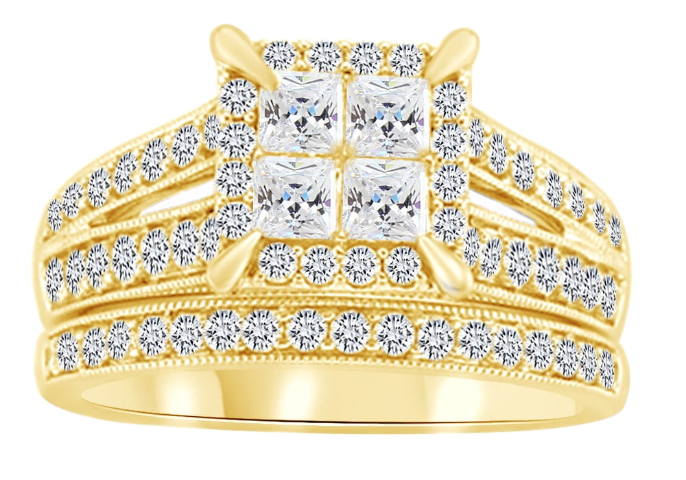 AFFY Princess Cut White Natural Diamond Square Cluster Shank Ring In ...