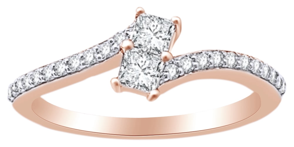 AFFY Princess Cut White Natural Diamond Two Stone Bypass Engagement ...