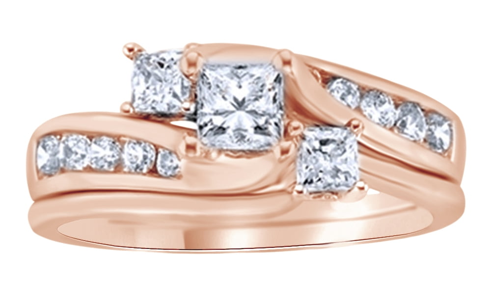 AFFY Princess Cut White Natural Three Stone Bypass Wedding Ring Set In ...