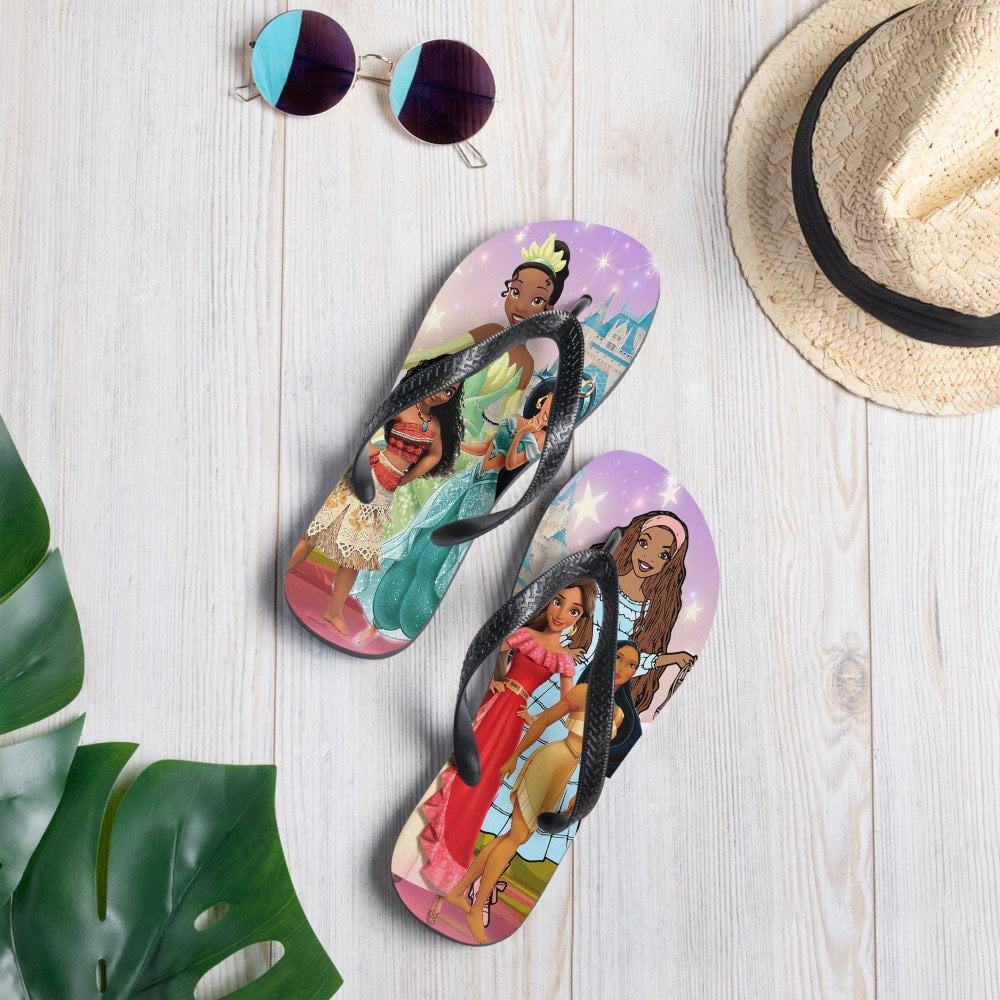 Princess Designer Flip-Flops, Black Little Mermaid Ariel, Tiana Moana ...