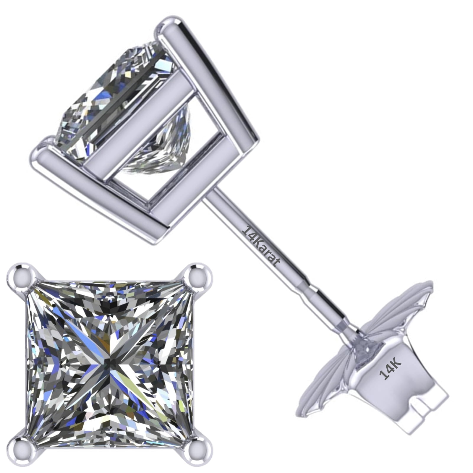 Princess Diamond Stud Earrings CVD Lab Grown, E-F Color VS-SI, 0.50ctw ...