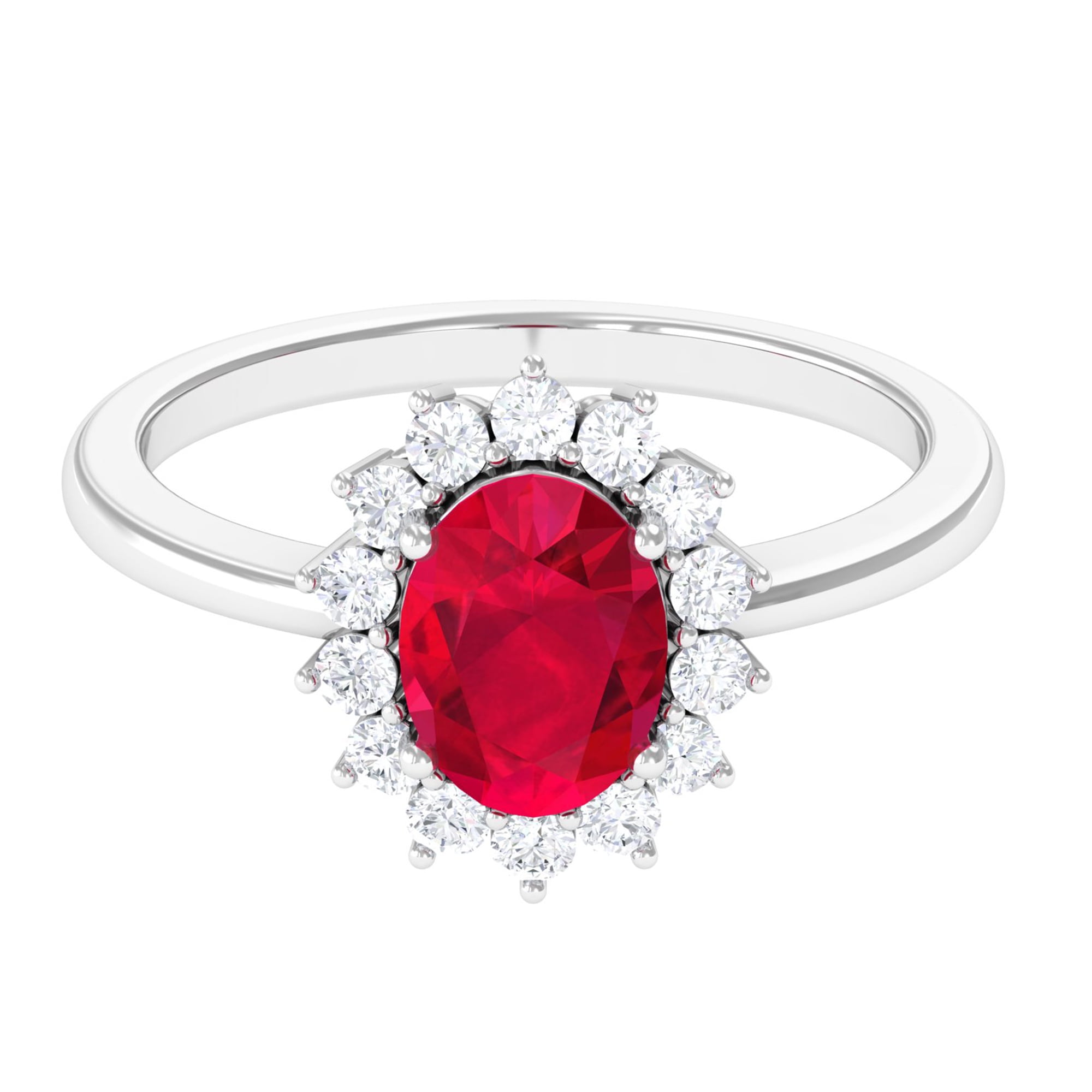 Princess Diana Inspired Ring Oval Created Ruby Ring with Diamond Halo 14K White Gold US 3.50
