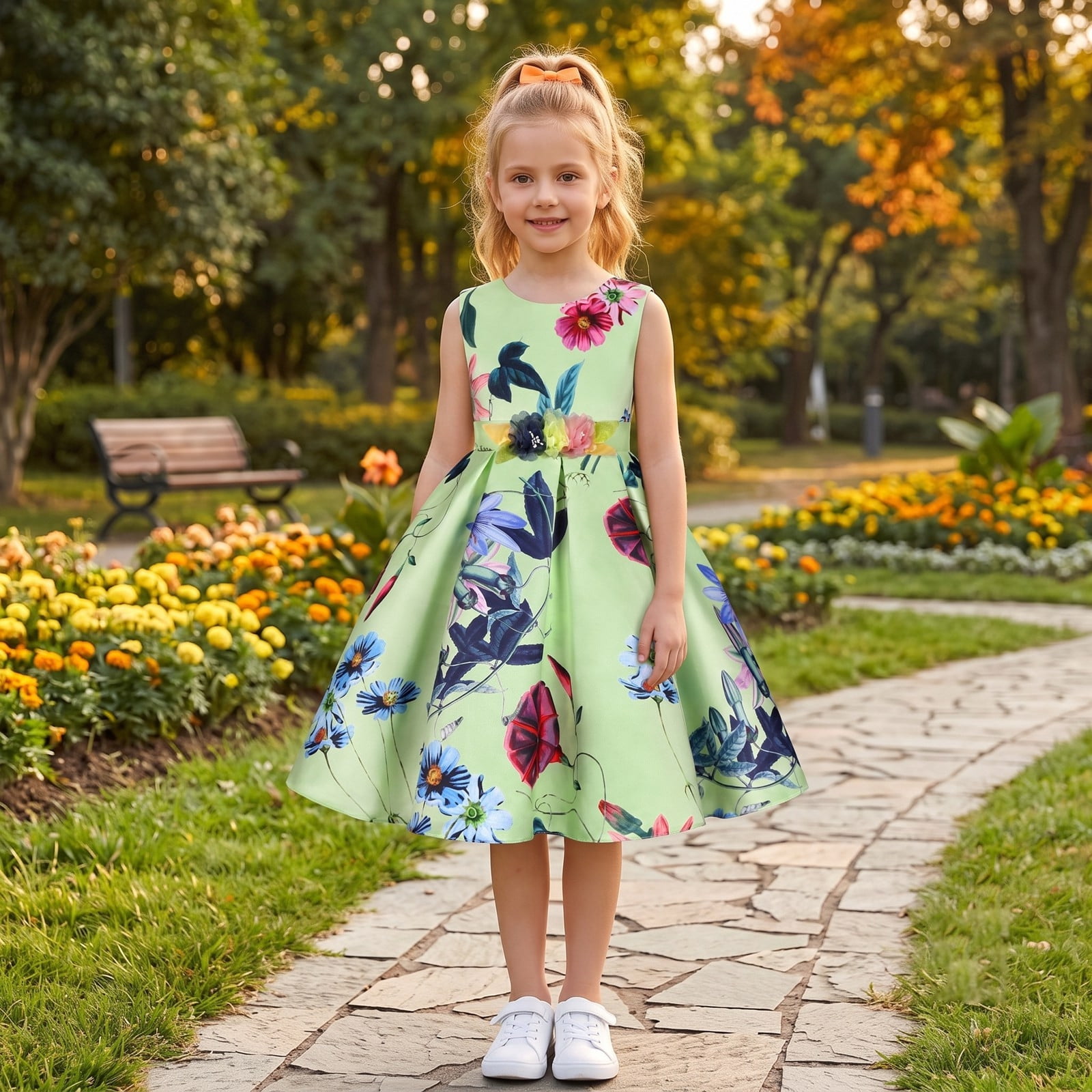Princess Dress Girls Bow Design Floral Party Dress (Light Green ...