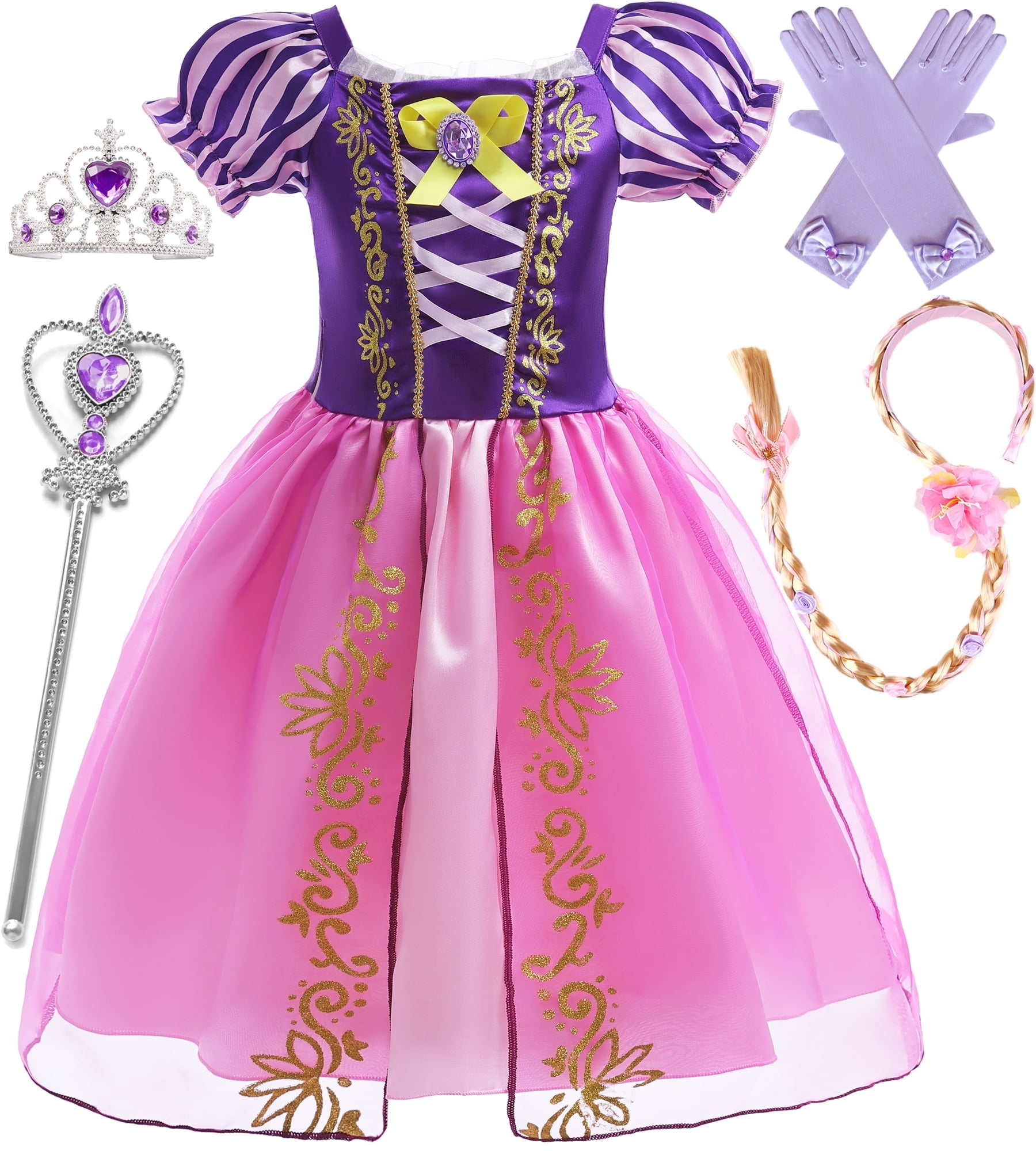 Princess Dress Girls Costumes Birthday Party Costume Dress up with Long Braid for Toddler Girls ...