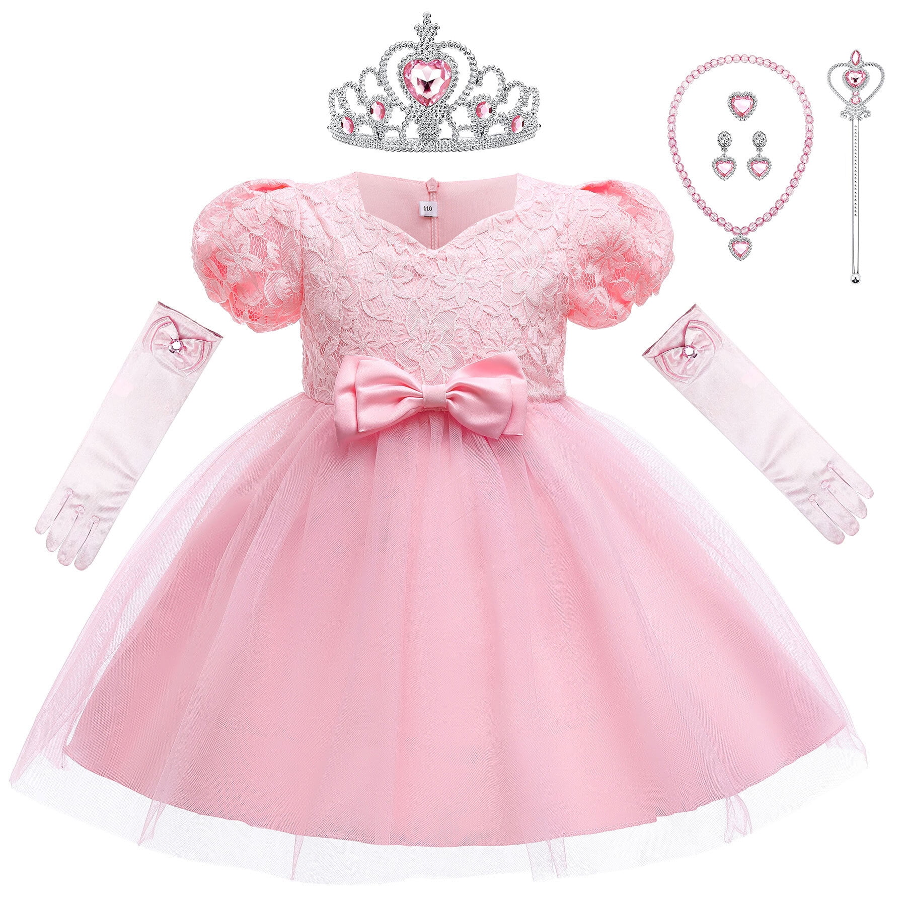 Princess Dress up Set for Girls Puff Sleeve Pink Costume Party Gown 3 ...