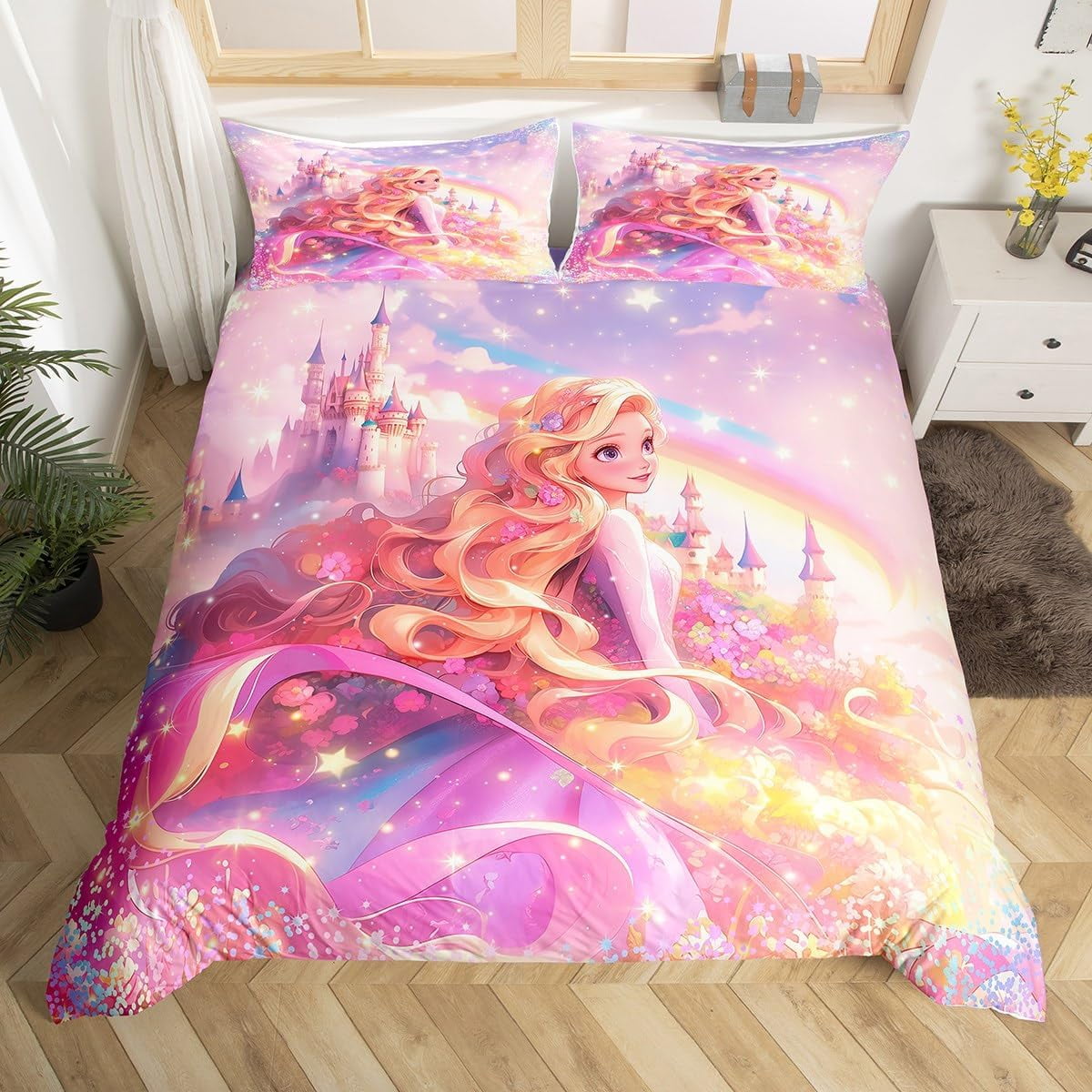 Princess Duvet Cover Queen for Kids Girls,Fairy Tale Dreamy Castle ...